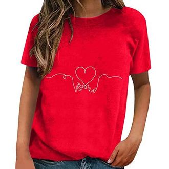 Generic 2026 Saint-Valentin Saint-Valentin manches courtes printemps et &eacute;t&eacute; tout imprim&eacute; mode motif ample col rond haut t-shirt, Rouge, XL