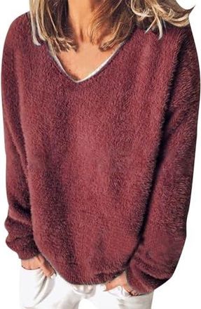 Generic Pull à col en V pour femme - Grande taille - Pull pour femme - Pull tendance à manches longues - Pull dautomne, Rouge, 5XL