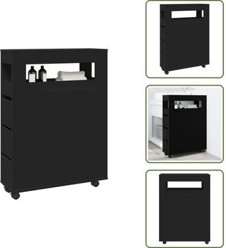 vidaXL Holzschrank - vidaXL Badschrank Schmal mit Rollen Schwarz Holzwerkstoff - Schrank f&uuml;r Bad