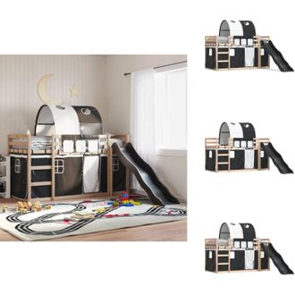 vidaXL Etagenbett mit Rutsche und Gardinen Wei&szlig; und Schwarz 80x200 cm - Kinderhochbett - Holzbetten - Jugendzimmerm&ouml;bel - Etagenbett Mit Rutsche - Hochbett