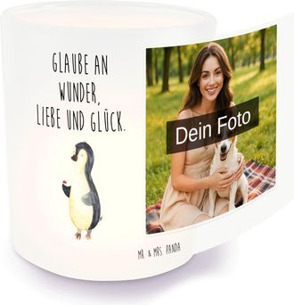 Mr. & Mrs. Panda Personalisiertes Foto Windlicht Pinguin Marienk&auml;fer - Geschenk, Windlichter mit, Kleine Wunder, Aufmerksam, Teelichthalter, Liebe, Teelicht Glas, Vint