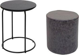 Hhg 2er-Set Sitzhocker und Beistelltisch HHG 410, Kaffeetisch Tisch Hocker, MVG-zertifiziert mdf Metall Kunstleder schwarz