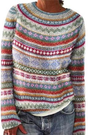 Generic Pull tricot&eacute; vintage &agrave; col rond et manches longues pour femme Motif Fair Isle, 05, 3XL-6XL