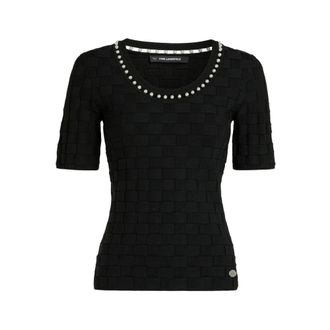 Karl Lagerfeld Femme, Pulls, Noir, Taille: 42 FR Haut en maille point de panier orn&eacute; de perles