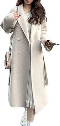 Generic Manteau caban crois&eacute; pour femme, mi long, col &agrave; revers et ceinture, trench coat chaud dautomne et dhiver, couleur abricot, taille moyenne