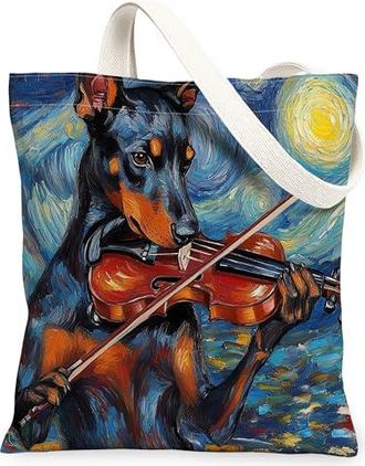 Generic Doberman Sac fourre-tout en toile pour faire du shopping Motif chien 33 x 38,1 cm Motif violon nocturne &eacute;toil&eacute; Sac &agrave; bandouli&egrave;re r&eacute;utilisable pour fem