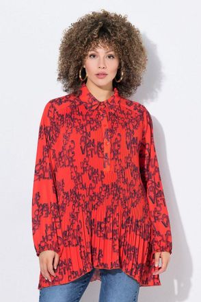 Ulla Popken Longbluse Plissee-Bluse Schriftmuster A-Linie Hemdkragen