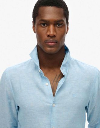 Superdry Chemise décontractée en lin avec détail brodé - Bleu océan chambray