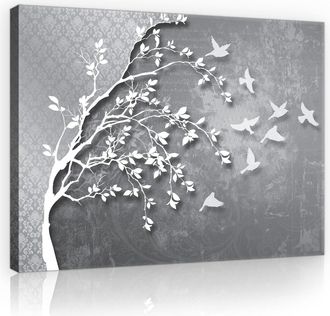ForWall Leinwand Bilder - Silber Baum Vögel - 80x60 cm Leinwandbilder - Bild auf leinwand - Wandbild XXL groß Wandbilder für Wohnzimmer Schlafzimmer Wohnzimme