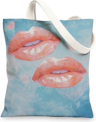 Generic Sacs fourre-tout en toile artistique, motif lèvres funky, sacs de courses réutilisables, légers et lavables avec bandoulière pour G, bleu, 13x15 Inch