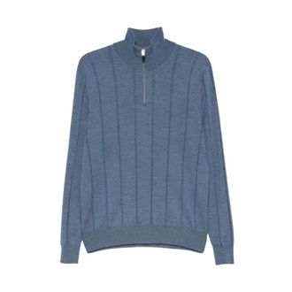 Canali Gerippter Pullover mit Viertelrei&szlig;verschluss - - Knitwear - Herren - Blau - 2XL