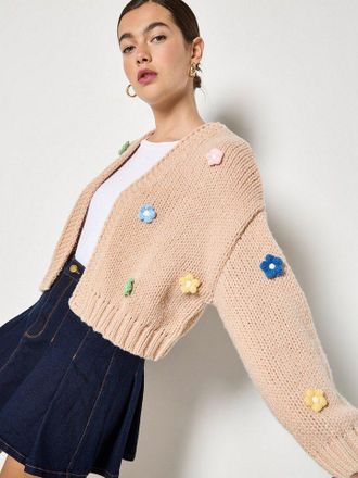 Apricot Cardigan Grobstrick-Strickjacke mit G&auml;nsebl&uuml;mchen-Applikation