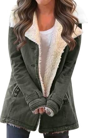 Generic Veste dhiver chaude en polaire Sherpa doubl&eacute;e de grande taille avec revers boutonn&eacute;, manteau dext&eacute;rieur en composite tendance pour femme, vert militai