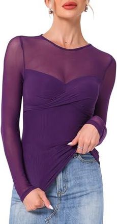 Allegra K Hauts Femmes en Maille Transparente, Manches Longues, Col Ras du Cou, Double &Eacute;paisseur, Blouse Sexy pour Costume de No&euml;l Violet fonc&eacute; S