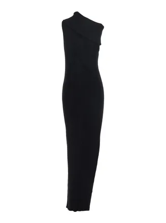 Rick Owens Womens Black Ribbed Knit Asymmetric Long Dress Viscose