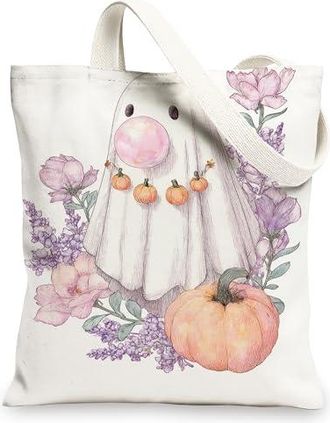 Generic Sacs fourre-tout en toile fantôme, motif citrouille mignon, sacs réutilisables, légers et lavables avec bandoulière, blanc, 13x15 Inch