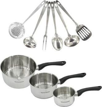 Fackelmann 9446050 Set 3 casseroles 12 16 et 20 cm en inox 18/8 et 6 ustensiles inox, tous feux, induction, sans PFAS, Acier inoxydable 18/8, 12 16 20 cm, Gris P