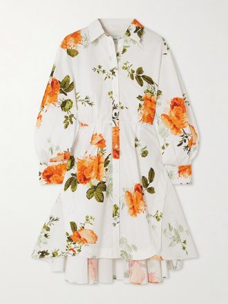 Erdem Asymmetrisches Mini-hemdblusenkleid Aus Baumwollpopeline Mit Blumenprint Und Falten - Wei&szlig;