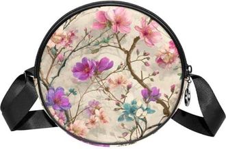 Generic Petit sac &agrave; bandouli&egrave;re circulaire pour femme, motif floral et feuilles, sac &agrave; dos &agrave; bandouli&egrave;re r&eacute;glable avec fermeture &eacute;clair, sac &agrave; main rond d&eacute;con