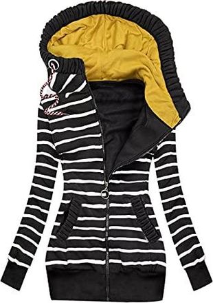 Generic Vestes pour femmes 2026 Sweat &agrave; capuche imprim&eacute; ray&eacute; d&eacute;contract&eacute; chemisier zipp&eacute; manteau veste, Noir, XXL