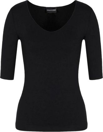 Emporio Armani Femme, Tops, Noir, Taille: 44 FR Haut &agrave; encolure en V en jersey extensible &agrave; manches 3/4