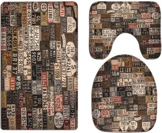 A.Monamour Badezimmer Badematte 3 Teilig Set Alt Oldtimer Nummernschilder An Der Wand Hintergrund Abstrakten Kunst Flanell Saugfähig Badteppiche Badvorleger Badg