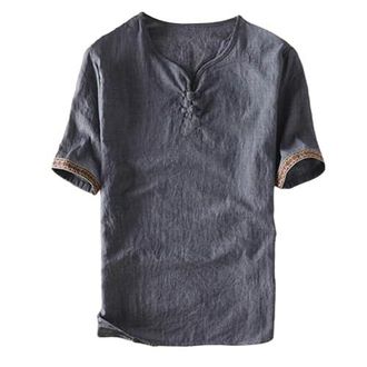 Generic Chemise d&eacute;t&eacute; en coton et lin pour homme - Grande taille - Couleur unie - Boucle &agrave; disque - Coupe droite, gris, 3XL