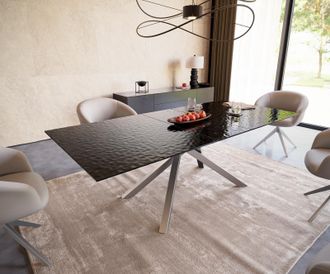 DELIFE Esstisch Edge 180-220x100 Reliefglas Rauchschwarz 3D-Design Kreuzgestell Rechteck Edelstahl ausziehbar, Esstische