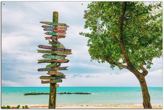 Wallario Outdoor-Poster f&uuml;r Garten oder Balkon Wegweiser im Paradies, Motivbanner Gr&ouml;&szlig;e: ca. 60 x 90 cm, Outdoor-Bild