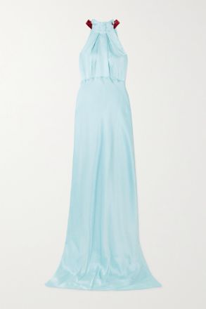 Saloni Michelle Maxikleid Aus Gehämmerter Seide Mit Samtbesatz - Blau