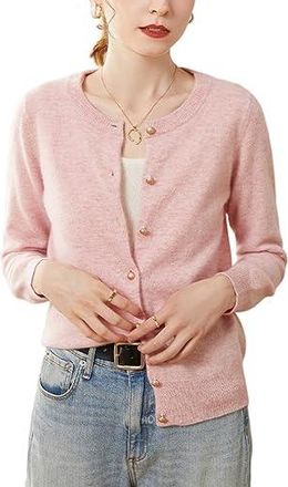 Dissa Gilet Cachemire Femme Col Rond Rose Solide Couleur Tricot&eacute; Mince Manches Longues Fin Cardigan en Cachemire et Laine,40,SPR2249