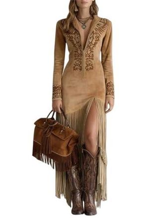 Generic Robe midi &agrave; franges en daim synth&eacute;tique &agrave; imprim&eacute; floral pour femme, style cowgirl vintage, fermeture &eacute;clair, fente lat&eacute;rale, coupe ajust&eacute;e, marron fo