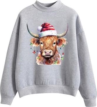 Generic Sweat-shirt &agrave; manches longues et col rond imprim&eacute; vache de No&euml;l pour femme, gris clair, XXL