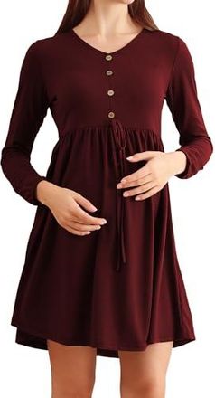 Feoya Robe &Eacute;l&eacute;gant Femme Enceinte Robe Maternit&eacute; D&eacute;contract&eacute;e Robe Grossesse Manche Longue pour Printemps Automne Hiver S Bordeaux