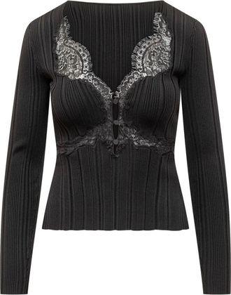 Self Portrait Femme, Blouses et Chemises, Noir, Taille: 42 FR Haut en maille c&ocirc;tel&eacute;e orn&eacute; de dentelle