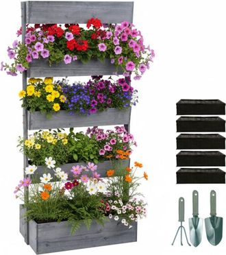 Relaxdays Relaxdays Vertikalbeet, Holz, HBT: 180x80x48 cm, Hochbeet 5 K&auml;sten, Etagenbeet Balkon, Terrasse, Vlies & Zubeh&ouml;r, grau