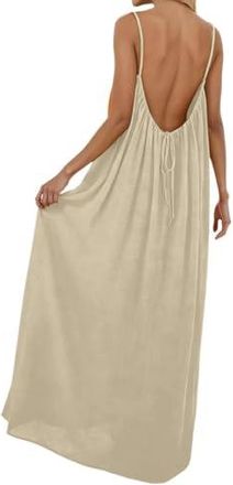 Generic Robe caraco dos nu pour femme - Robe longue sans manches avec noeud dans le dos - Couleur unie, beige, 4XL