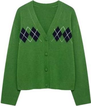 Generic Cardigan en laine losange couleur assortie col en V simple boutonnage manches longues veste pull ext&eacute;rieur veste, EN8, L