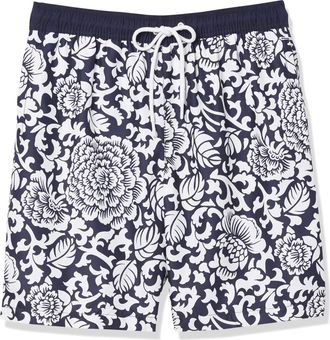 Amazon Essentials Herren Badehose, 23 cm, Mit Lockerer Passform und Schnelltrocknend - Auslauffarben, Schwarz Floral, XXL