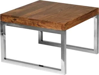 WOHNLING Beistelltisch Guna Massiv-Holz Sheesham Wohnzimmer-Tisch Metallgestell Landhaus-Stil Couchtisch Dunkelbraun Natur