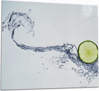 Wallario Herdabdeckplatte/Spritzschutz aus Glas, 1-teilig, 60x52cm mit 13mm hohen F&uuml;&szlig;en, f&uuml;r Ceran- und Induktionsherde, Limettenscheibe in spritzigem Wasser