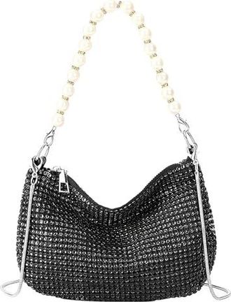 Jamron Femme Brillant Sac à Bandoulière avec Strass Sac à Main en Perles SN0708314 Noir