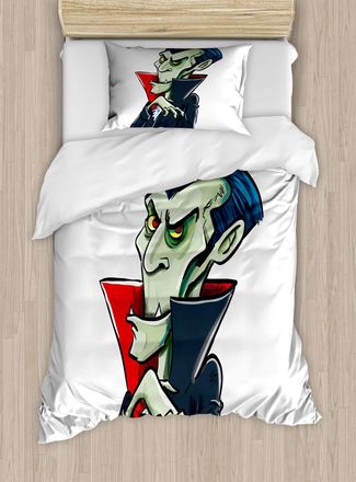 Abakuhaus Halloween Bettbezug Set f&uuml;r Einzelbetten, Vampir Dracula-Karikatur, Milbensicher Allergiker geeignet mit Kissenbezug, 130 x 200 cm - 70 x 50 cm,Wei&szlig; M