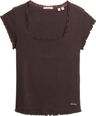 Superdry Damen Essential Kurzarm-T-Shirt mit eckigem Ausschnitt Dunkelbraun 38