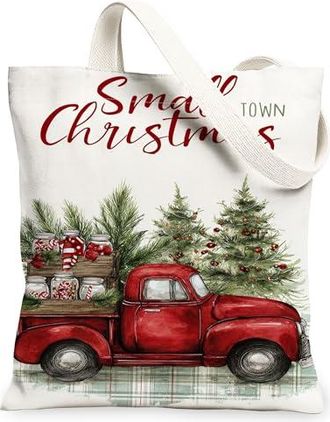 Generic Sacs fourre-tout en toile motif camion de No&euml;l, sacs r&eacute;utilisables, vintage, l&eacute;gers, lavables avec bandouli&egrave;re, Rouge, 13x15 Inch