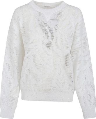 Brunello Cucinelli Femme, Pulls, Blanc, Taille: 40 FR Pull en maille ajour&eacute;e orn&eacute; de sequins