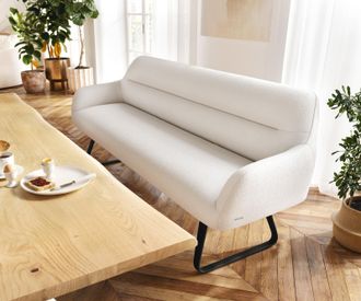 DELIFE Esszimmerbank Taya-Flex 200 cm Boucl&eacute; Creme-Wei&szlig; Kufengestell flach Schwarz Taschenfederkern, B&auml;nke