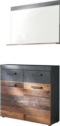 Trendteam Indy - Garderobenkombination - Eiche/Grau - Garderobenschuhschrank, Garderobenspiegel - (BxHxT) 90 x 192 x 34 cm - antikfarbene Griffe