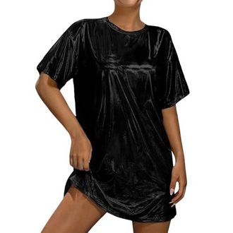 Generic Chemise &agrave; paillettes &agrave; &eacute;paules tombantes pour femme, couleur unie, col rond, haut basique brillant, holographique, m&eacute;tallique &agrave; manches courtes, tuniq