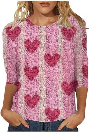 Generic T-shirt d&eacute;contract&eacute; &agrave; col rond et manches trois-quarts imprim&eacute; pour la Saint-Valentin 2026, multicolore, XL